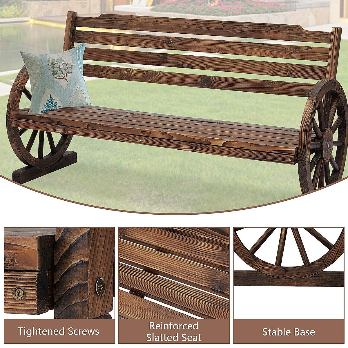 KINTNESS Wooden Wagon Wheel Bench Rustic Outdoor Patio Furniture 2-Person Seat Bench with Backrest for Backyard Patio