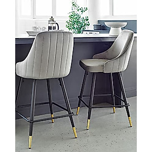 Bar Stools Set of 4 - 25.5” Velvet Barstools Bar Chairs, Modern Counter Height Stools with Back and Footrest,Countertop Kitchen Island Stools Chair with Black Metal Base for Kitchen Counter Bar, Grey