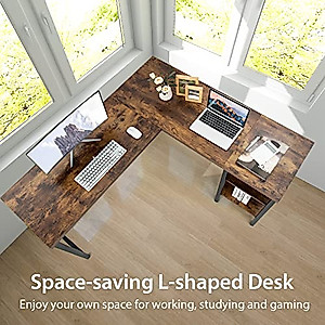 Tangkula L-shaped Office Desk, 59 Inch Large Corner Desk, Full-length Open Shelf & 2-Tier Side Shelves, Home Office Desk, Writing Desk Computer Workstation for Working, Studying, Gaming (Rustic Brown)