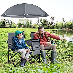 COSTWAY, Folding w/Detachable Umbrella, Cooler Bag, Cup Holders, Patio Beach Camping Outdoors Double Portable Picnic Chair, Grey