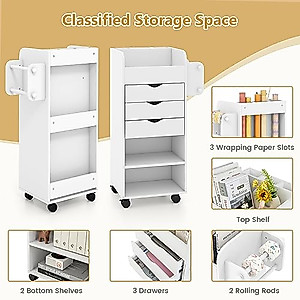 Giantex Craft Storage Cart - Utility Organizer Cart with 3 Drawers, 3 Shelves, 3 Slotted Compartments, 2 Rolling Rods, Crafting Sewing Cabinet on Wheels for Wrapping Paper Scrapbook Ribbon (White)