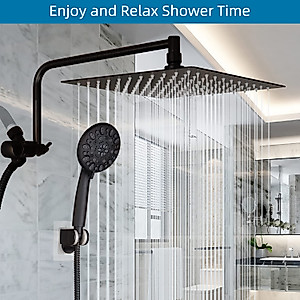 12" High Pressure Rainfall Shower Head All Metal 7-Spray Handheld Showerhead Combo with 11" Adjustable Shower Extension Arm, 71" Hose, Adhesive Shower Head Holder, Oil Rubbed Bronze