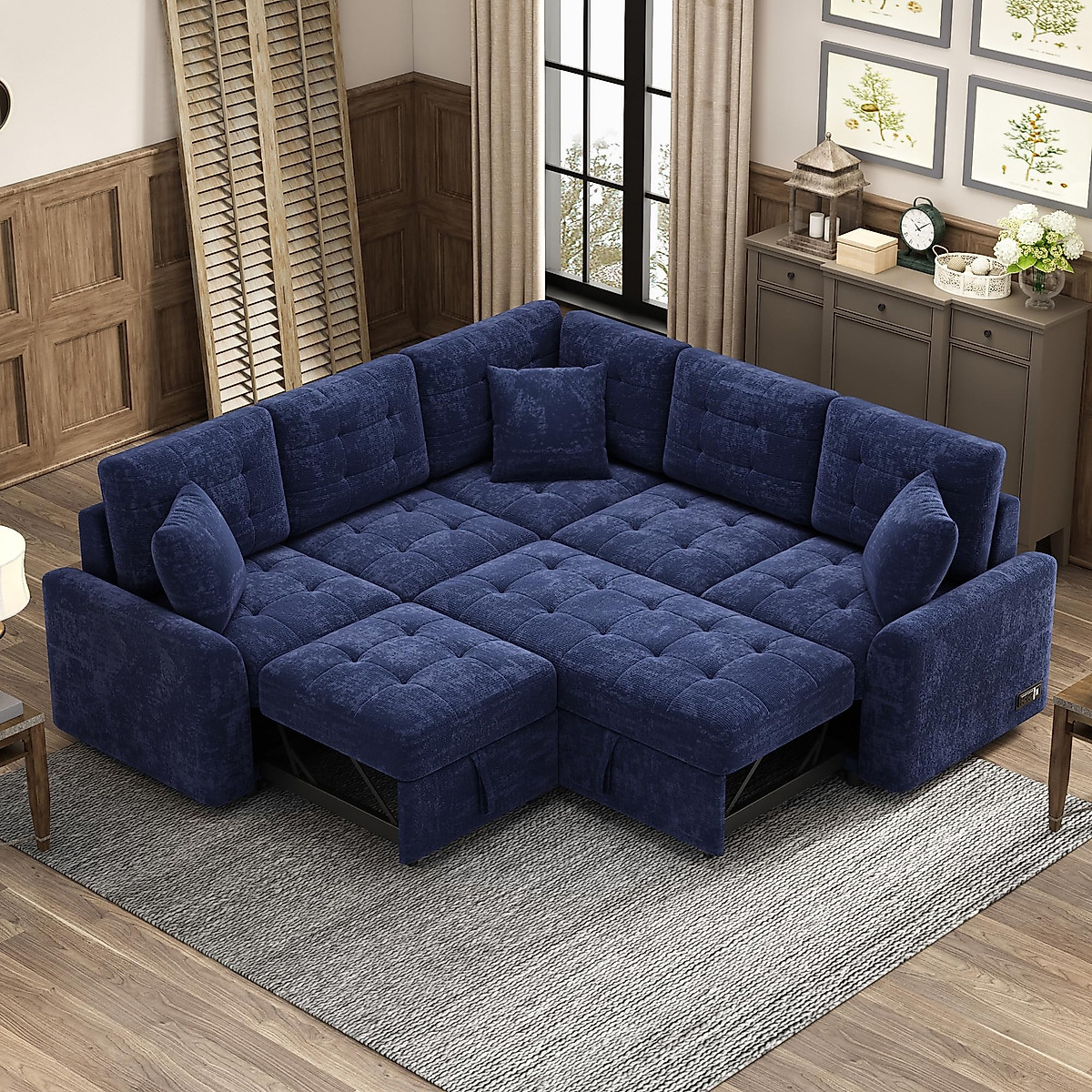 Pull Out Couch Sectional Sleeper Sofa Couch with Pull Out Bed Convertible Sofa Bed with USB Ports and Power Sockets L Shaped Couch for Living Room, Navy Blue