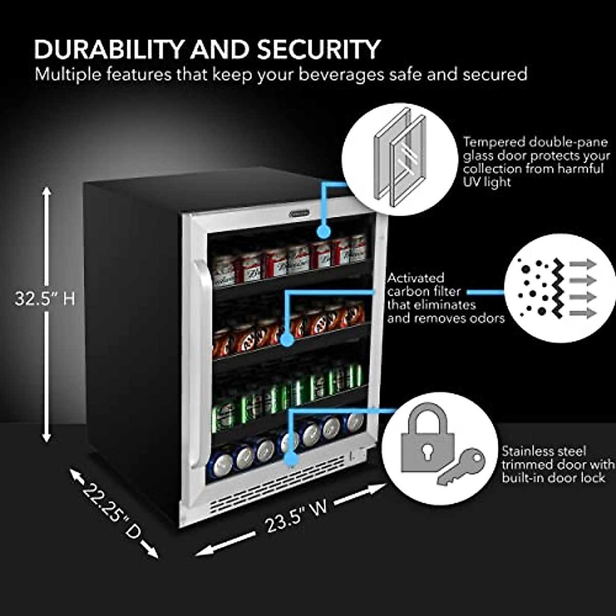 Whynter BBR-148SB Built-in 180 Can Undercounter Beverage Refrigerator with Reversible Door, Digital Control and Lock, 24-inch, Stainless Steel, 5 Cubic