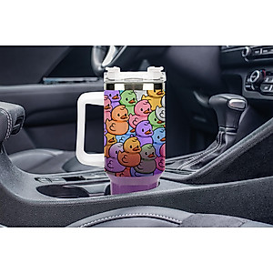 100 North Rainbow Rubber Duck Cartoon Collage 40 oz. Stainless Steel, Large Water Bottle Coffee Mug, Spill & Leak Resistant, Thermal Travel Tumbler with Handle, Lid & Straw, White/Purple