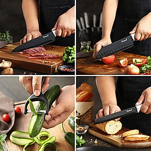 Keewah 19 Pieces Kitchen Knife Set, 15 Stainless Steel Knives with Wood Texture Handle, Acrylic Stand, Scissors, Peeler and Knife Sharpener