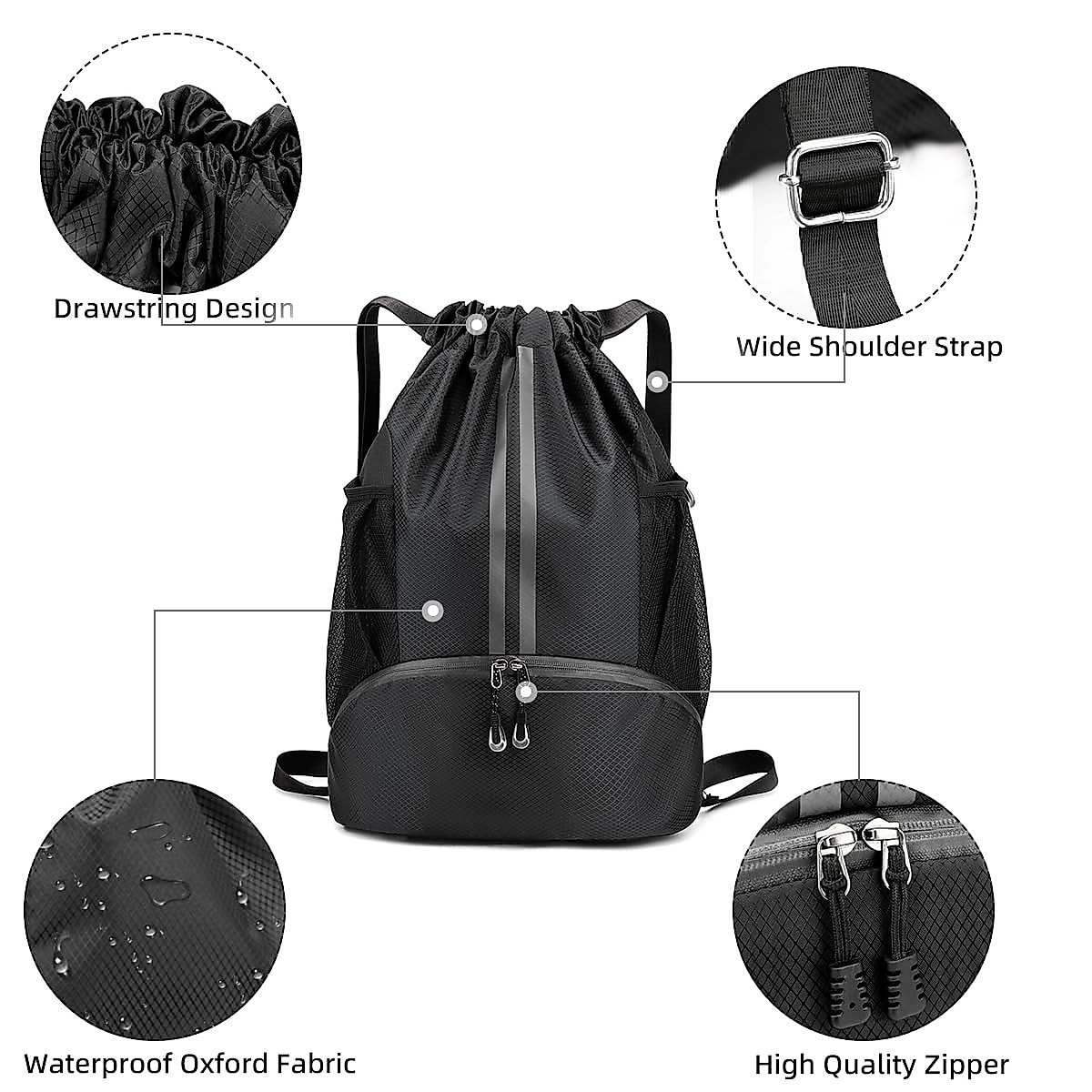 Valleycomfy Sports Drawstring Backpack - Water Resistant String Bag with Side Mesh Pockets Shoe Compartment Gym Backpack for Women & Men Black