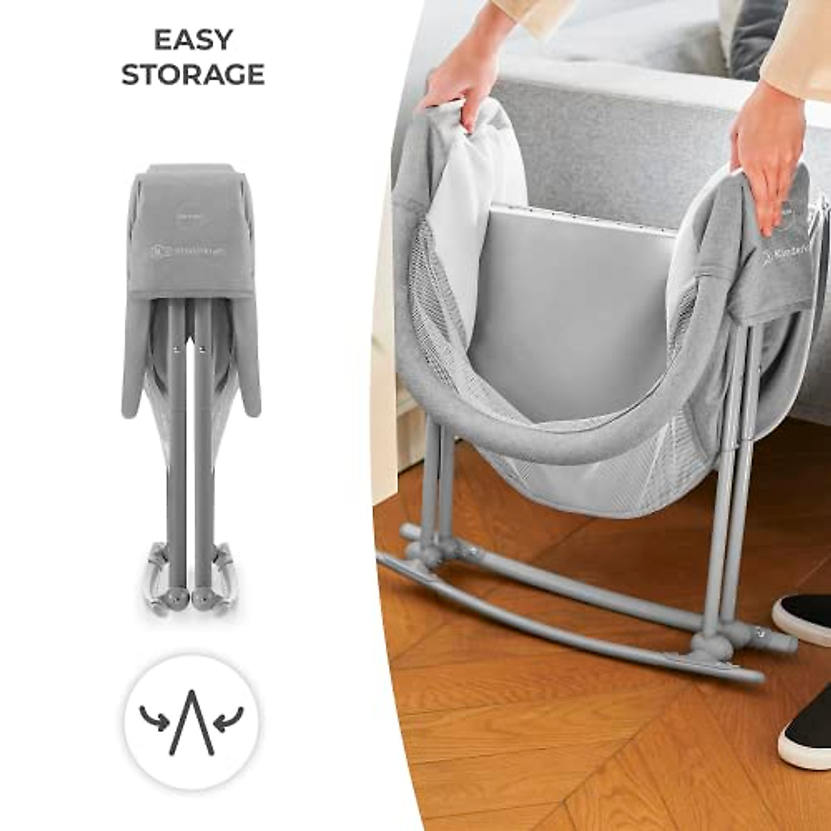 Kinderkraft LOVI Travel Bassinet for Baby in Grey, Portable Folding Baby Bed with Built-in Mosquito net, Adjustable Hood and an Additional Cradle Function