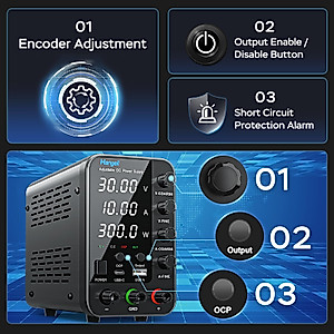 DC Power Supply Variable, 30V 10A Bench Power Supply with Encoder Coarse & Fine Adjustments Knob, Adjustable Switching Regulated lab Power Supply with 5V 3.6A USB & Type-C Quick-Charge