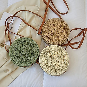 QTKJ Summer Beach bag, Handwoven Straw Bag, Round Hard Case Beach Tote Leather Shoulder Strap Designer Handbags for Women Shoulder Messenger Bag (Green)