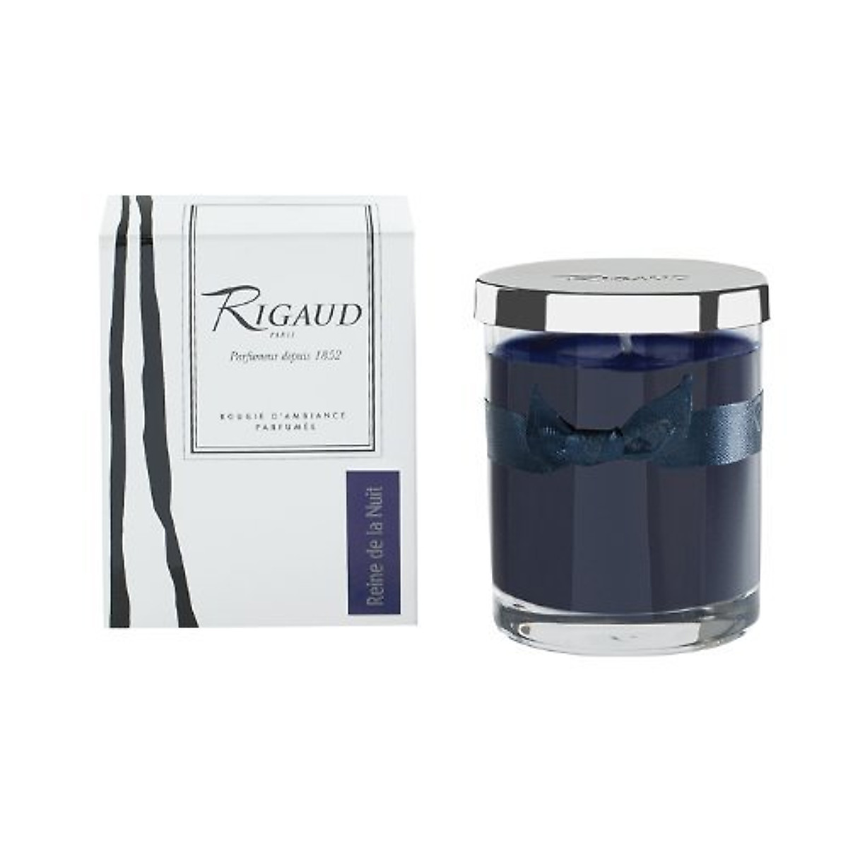 Rigaud Paris, Reine de la Nuit Bougie D'ambiance Parfumee, Small Candle Modele Complet w/Metal Silver Snuffer Lid, Blue Black, 2.6" Tall, 28 Hours with Gute Wick Cutter (2 Piece Bundle)