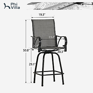 PHI VILLA Outdoor Swivel Bar Stools Set of 4, High Top Patio Bar Stools & Chairs with Armrest & Textilene Fabric for Outside, Grey