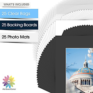 Mat Board Center, 25 Pack of Black Pre-Cut Mat Board 16x20 Picture Mat for 11x14 Photo with White Core Bevel Cut Mattes Sets. Includes 25 Acid Free Mats & 25 Backing Board & 25 Clear Bags