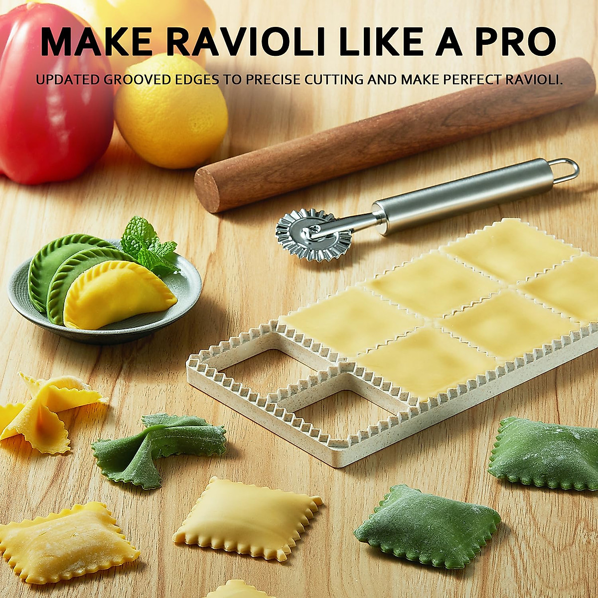 MUMSUNG Ravioli Maker Press, Ravioli Press Mold Set - 1.85" Squares Ravioli Stamp Maker Cutter with Wood Rolling Pin, 2.6" Empanada Maker Press Kit and Ravioli Wheel, Makes 8 Ravioli