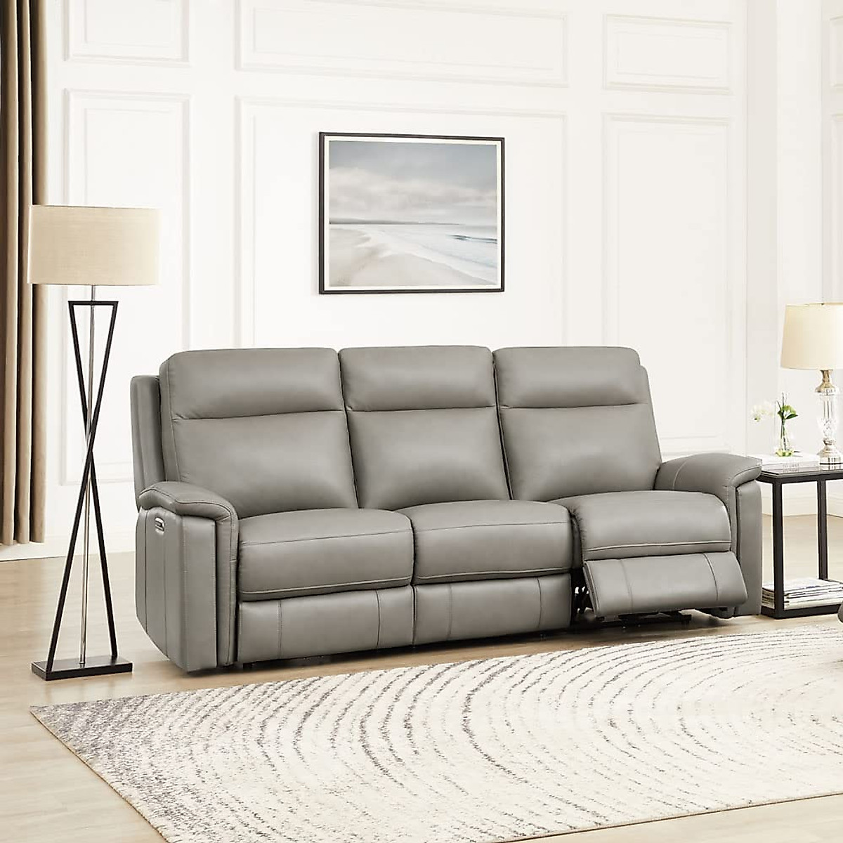 Hydeline Stanfield Zero Gravity Power Recline and Headrest Top Grain Leather Sofa Couch, Concrete, Memory Foam, Pocket Coils and Control Panel