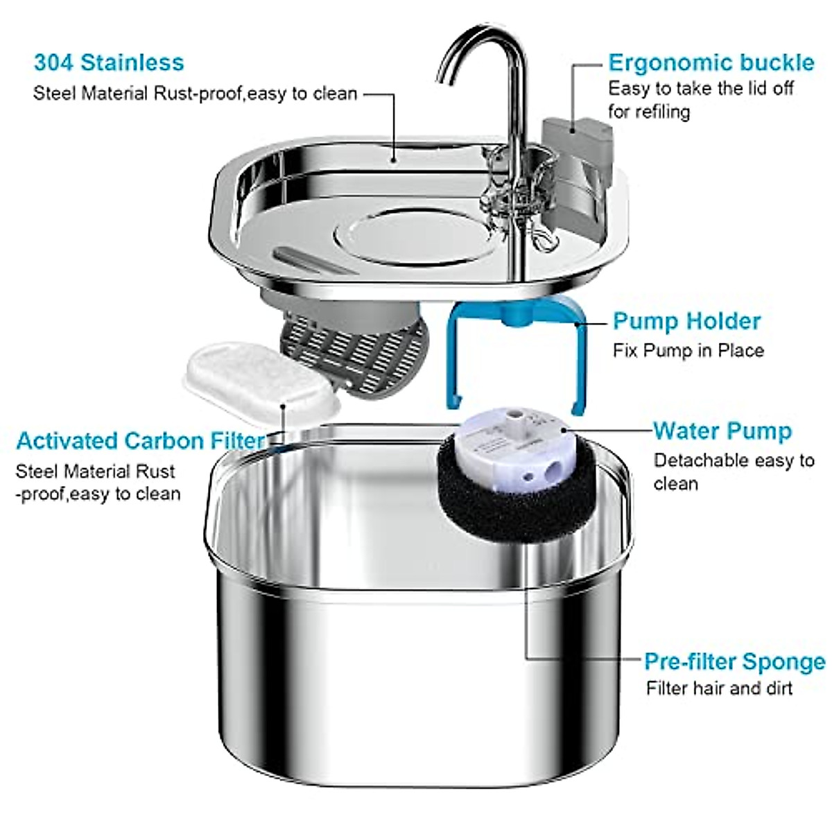 NautyPaws Cat Water Fountain, 3.2L/108oz Automatic Stainless Steel Pet Fountain Dog Water Dispenser with Super Quiet Design - Ideal for Cats, Dogs, and Multiple Pets - Dishwasher Safe