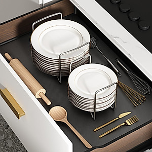 Piconico Plate Holder for Kitchen Drawers - Bamboo Dish Racks for Kitchen Counter 2Pcs Small & Large - Adjust 6.75" to 12.5" Stainless Steel Plate and Bowl Organizer for Cabinet, RV, Countertop