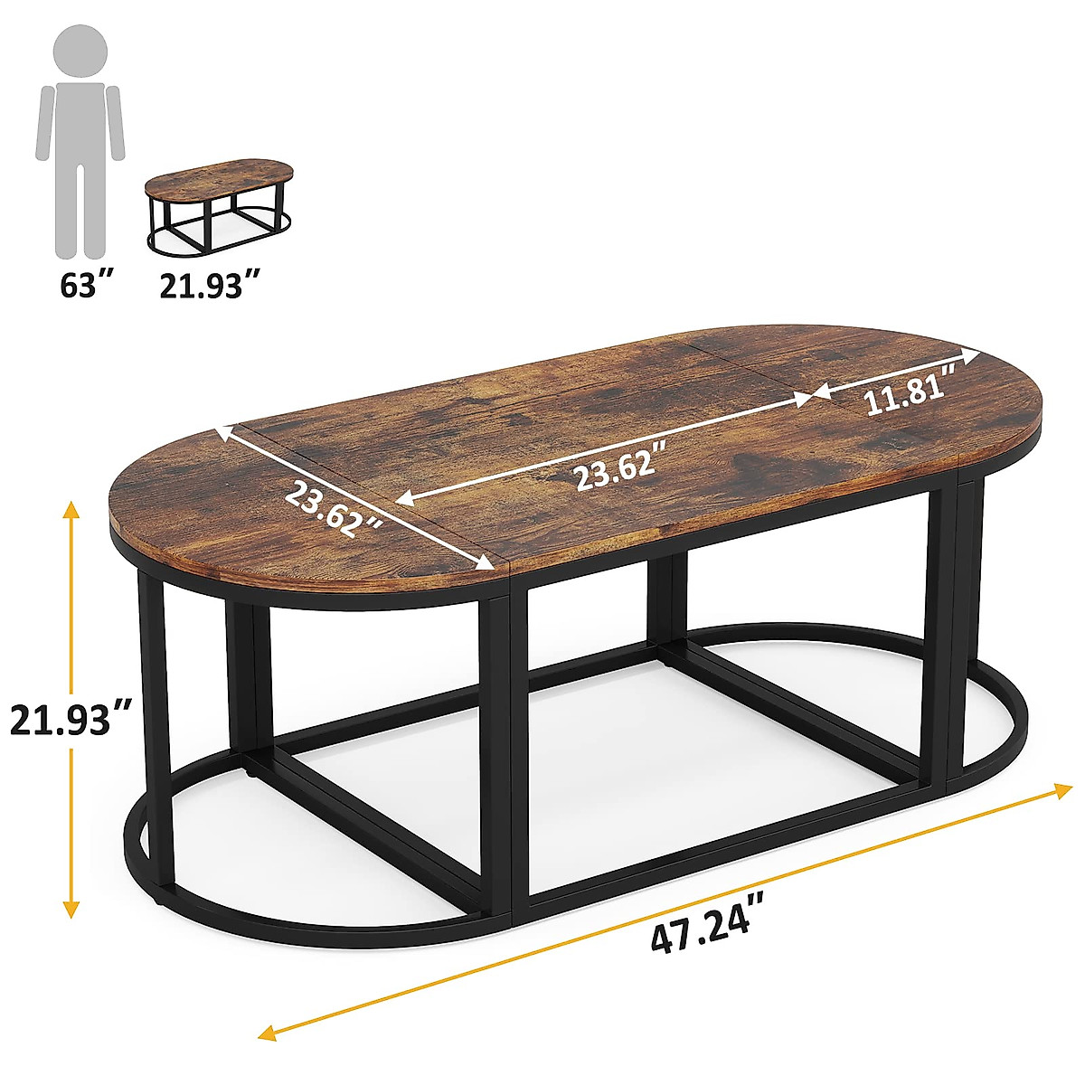 Wood Coffee Table Set: Large 47" Modern Oval Coffee Table for Living Room, Detachable into a Square Table and Small Round End Tables Mid-Century Side Table Couch Table with Storage, Stable Metal Stand