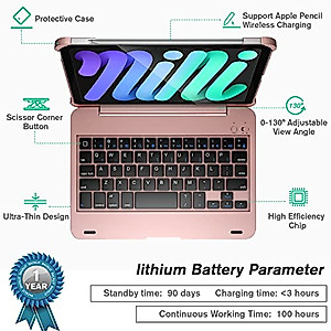 NOKBABO iPad Mini 6 Case with Keyboard 8.3-inch 6th Generation 2021, Ultra Slim Wireless Keyboard with 130° Clamshell Hard Case and Pencil Holder, Only Support iPad Mini 6 Keyboard - Rose Gold