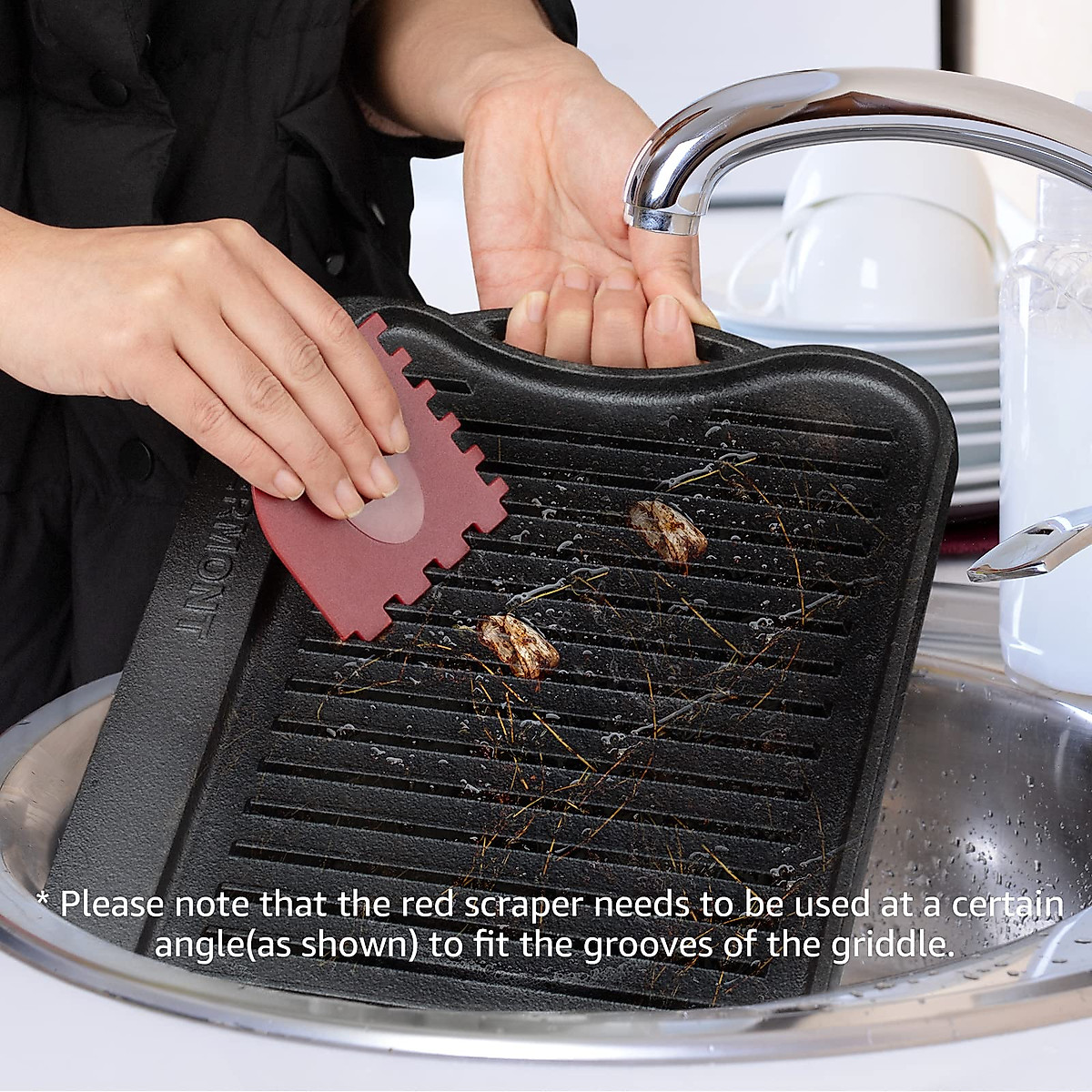 Overmont Pre-seasoned 17x9.8" Cast Iron Reversible Griddle Grill Pan with handles for Gas Stovetop Open Fire Oven, One tray, Scrapers Included