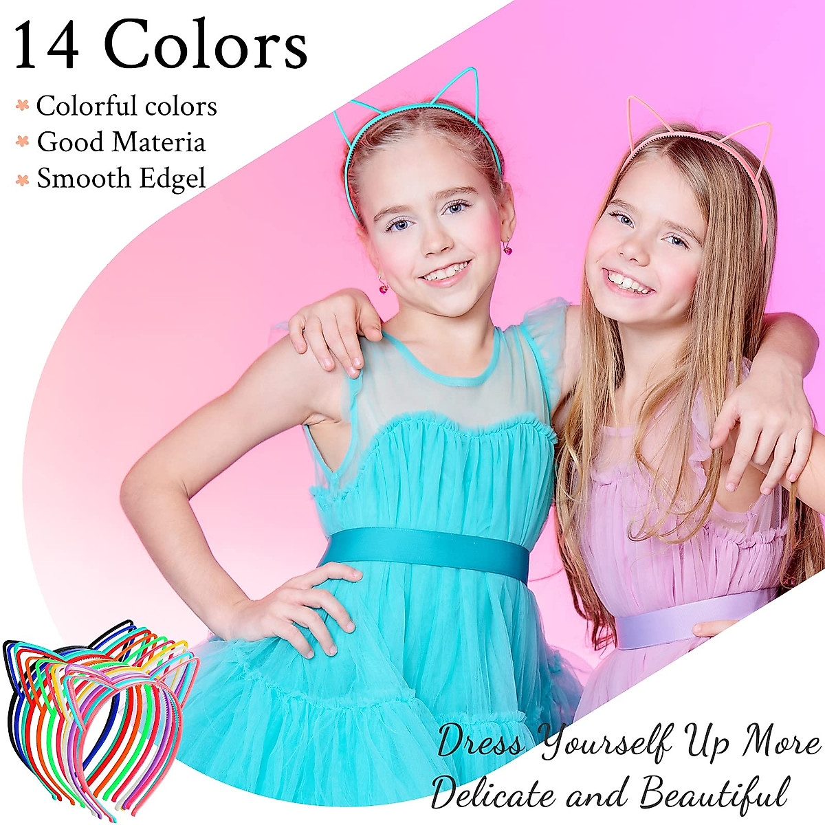 Chunyin 70 Pcs Cat Ears Headband for Kids Girls Women Plastic Headbands, 14 Colors (5 Pieces for Each Color)