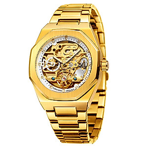 Tiong Steampunk Tourbillon Design Watch Golden Stainless Steel Waterproof Men Automatic Mechanical Wristwatch