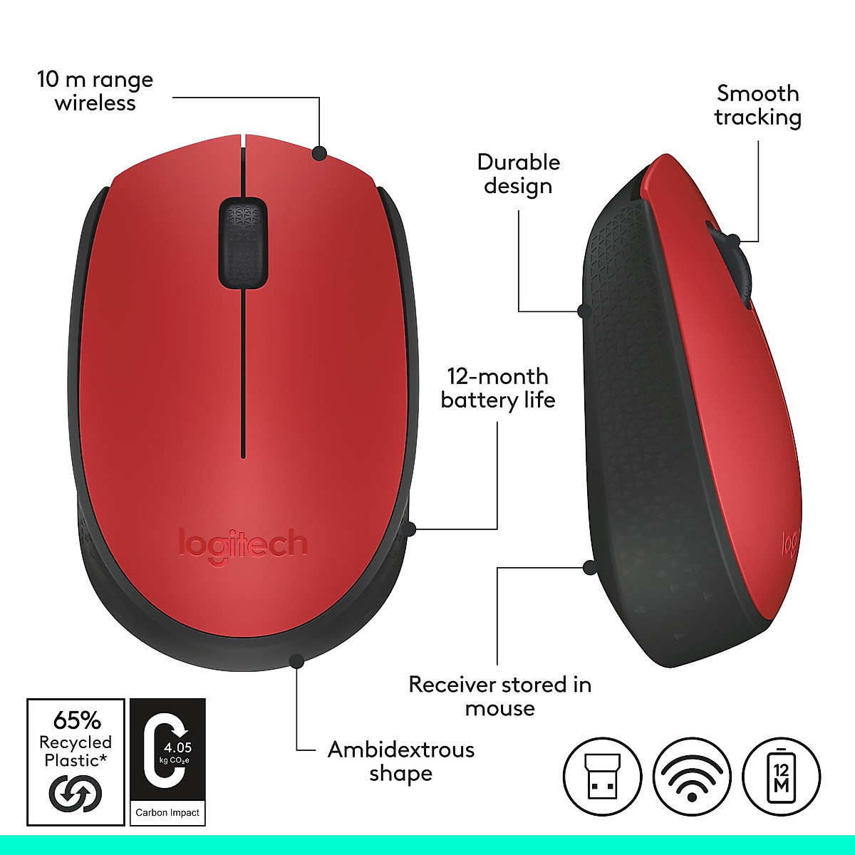 Logitech M170 Wireless Mouse for PC, Mac, Laptop, 2.4 GHz with USB Mini Receiver, Optical Tracking, 12-Months Battery Life, Ambidextrous - Red