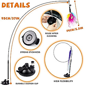 JXFUKAL Cat Feather Toys, Interactive Cat Toy with Super Suction Cup, 2PCS Springy Cat Wand & 5PCS Teaser Refills Replacement with Bells, Kitty Kitten Toys Cat Spring String Toy Cat Accessories
