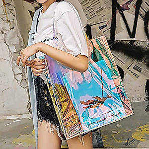 inheming Iridescent Clear Tote Bags, Fashion Holographic Clear Handbag for Women Christmas Gift, Large Transparent Stadium Concert Work Bag