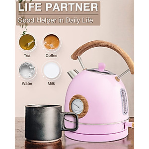 Electric Tea Kettle, 1.7Liter Stainless Steel Tea Kettle Hot Water Boiler with Thermometer, BPA Free, SMOLON 1500W Pour-Over Kettle Teapot with LED Indicator Auto Shut-Off & Boil-Dry Protection, Pink