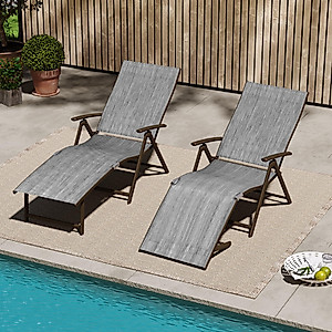 VredHom 4PCS Patio Chaise Lounge Outdoor Folding Adjustable Lounge Chair Recliner with 8 Adjustable Backrest Positions for Pool Beach Yard, Dark Gray Textliene and Brown Aluminum Frame