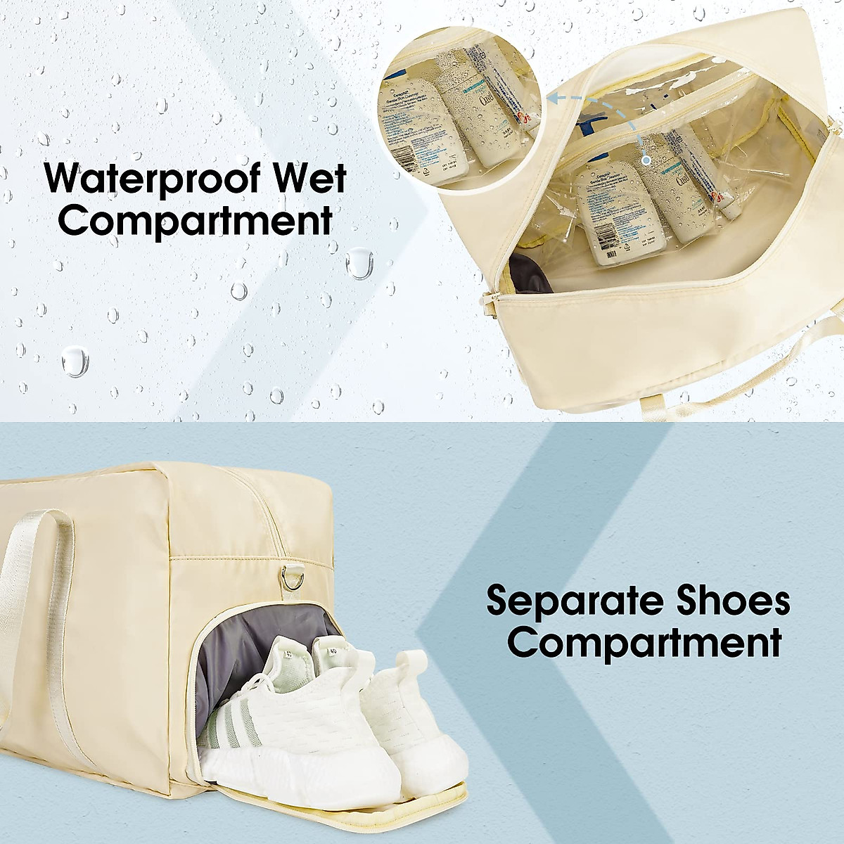 Sports Gym Bag with Wet Pocket & Shoes Compartment, Travel Duffel Bag for Men and Women Lightweight Fabric upgrade, Beige