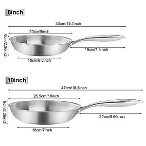 Fry Pan Set of 2 | 8" & 10" Tri-Ply Stainless Steel Frying Pan, Oven & Dishwasher Safe Classic Cooking Pan Cookware