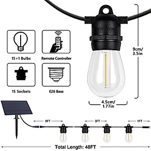 BesLowe 48FT S14 Solar String Lights Outdoor with Remote Controller, Solar Powered Patio Lights Waterproof with LED Edison Bulbs, Dimmable Hanging Lights for Outside Backyard Porch, USB Rechargeable