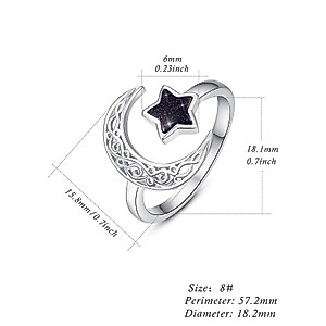 Dreamboat Sterling Silver Moon and Star Rings for Women Blue Sandstone Ring Witchy Ring Crescent Moon Ring Celestial Galaxy Ring Star Jewelry Gifts Adjustable Open Ring 7 8 9