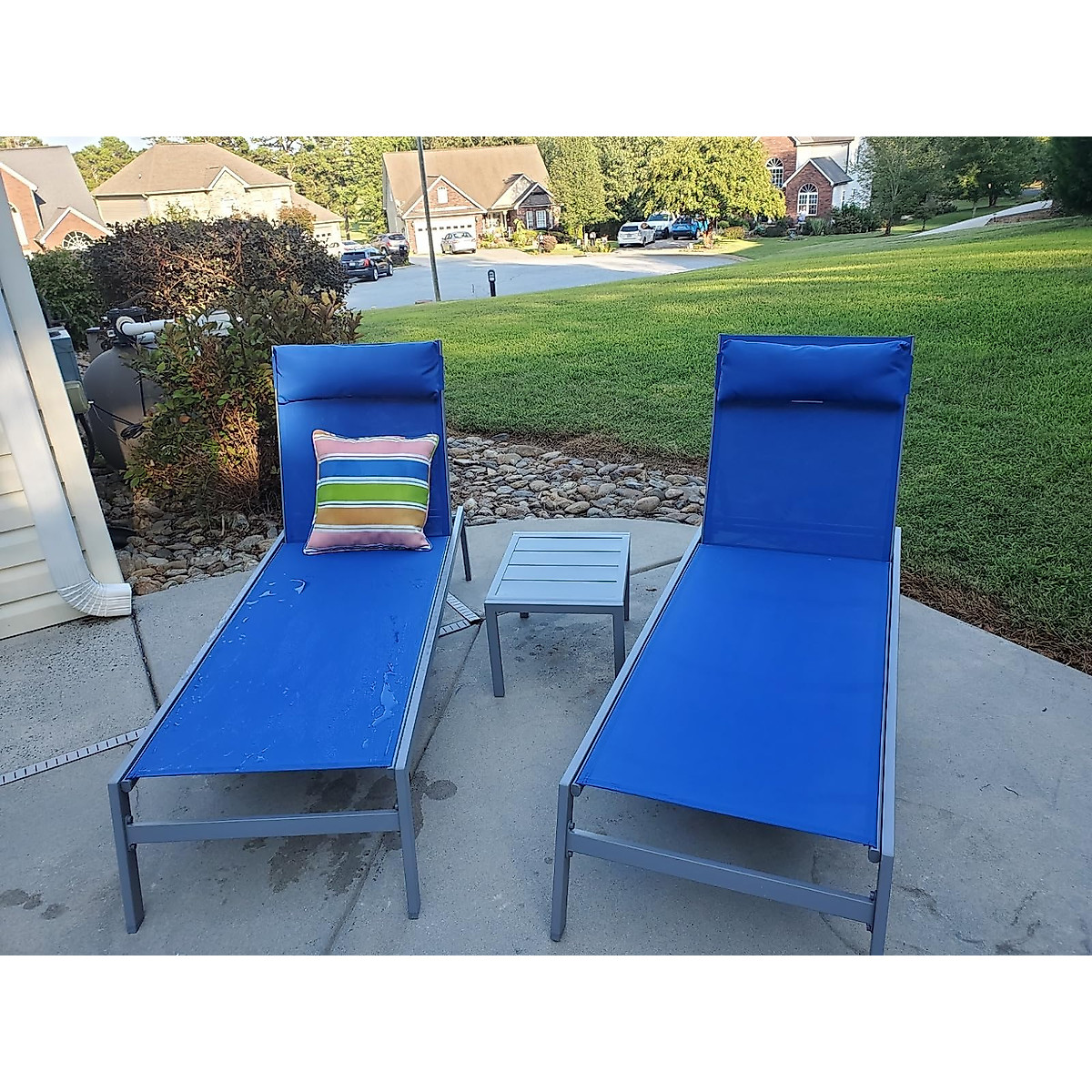 Domi 3 Pieces Adjustable Chaise Lounge Set Outdoor Patio Lounge Chair All Weather Five-Position Recliner Chair Set w/Coffee Table for Patio, Pool, Yard (Blue)