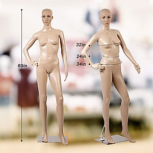 Female Mannequin Manikin Dress Form Female Full Body 69 Inch Adjustable Mannequin Stand Realistic Mannequin Display Head Turns Dress Model W/ Metal Base