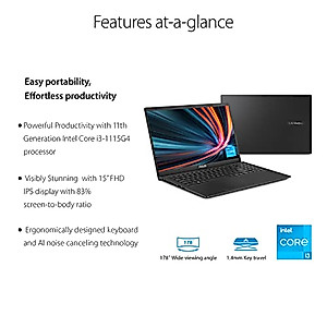 ASUS VivoBook 15 F1500EA Slim Laptop, 15.6" FHD Display, 11th Gen Intel Core i3-1115G4 Processor, 4GB DDR4, 128GB NVMe SSD, Windows 11 Home in S Mode, Indie Black, F1500EA-AS31