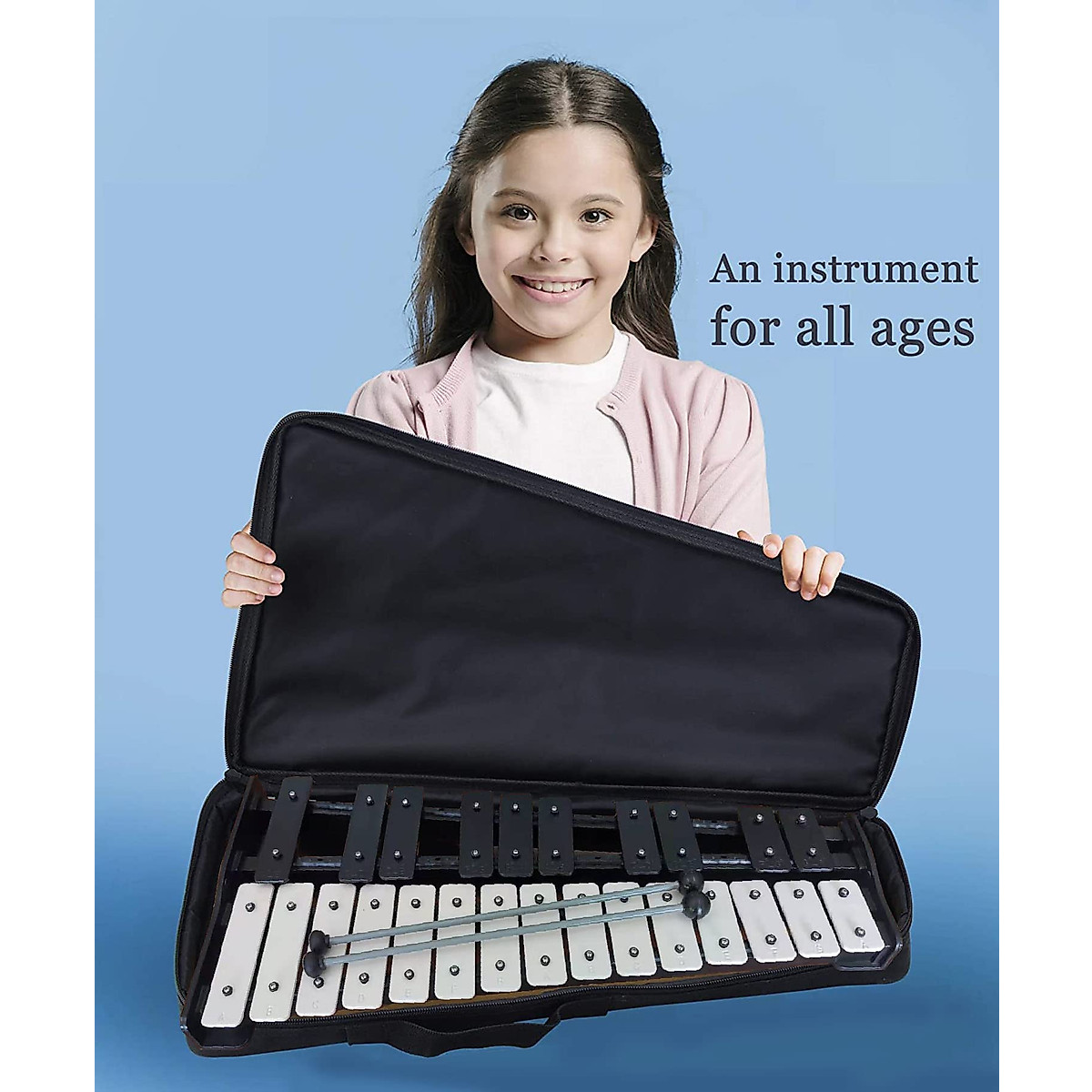 Glockenspiel 25 Note Chromatic A-A Tuned Xylophone, Black Soft Bag