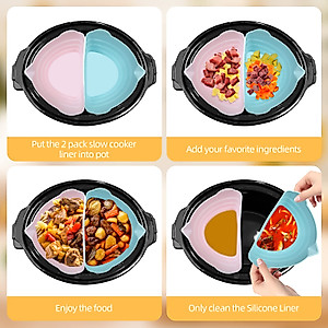 Silicone Crock Pot Liner-Crockpot Divider Insert Fit 6-8 Quarts, Reusable Slow Cooker Silicone Liner, Foldable&Dishwasher Safe (Blue+Pink)