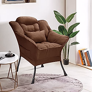 QUICK HORSE Modern Luxury Fabric Accent Living Room Chair, Soft Lazy Sofa Chair with Lumbar Pillow, Bedroom Chair for Adults, Armrests and Side Pockets, Brown