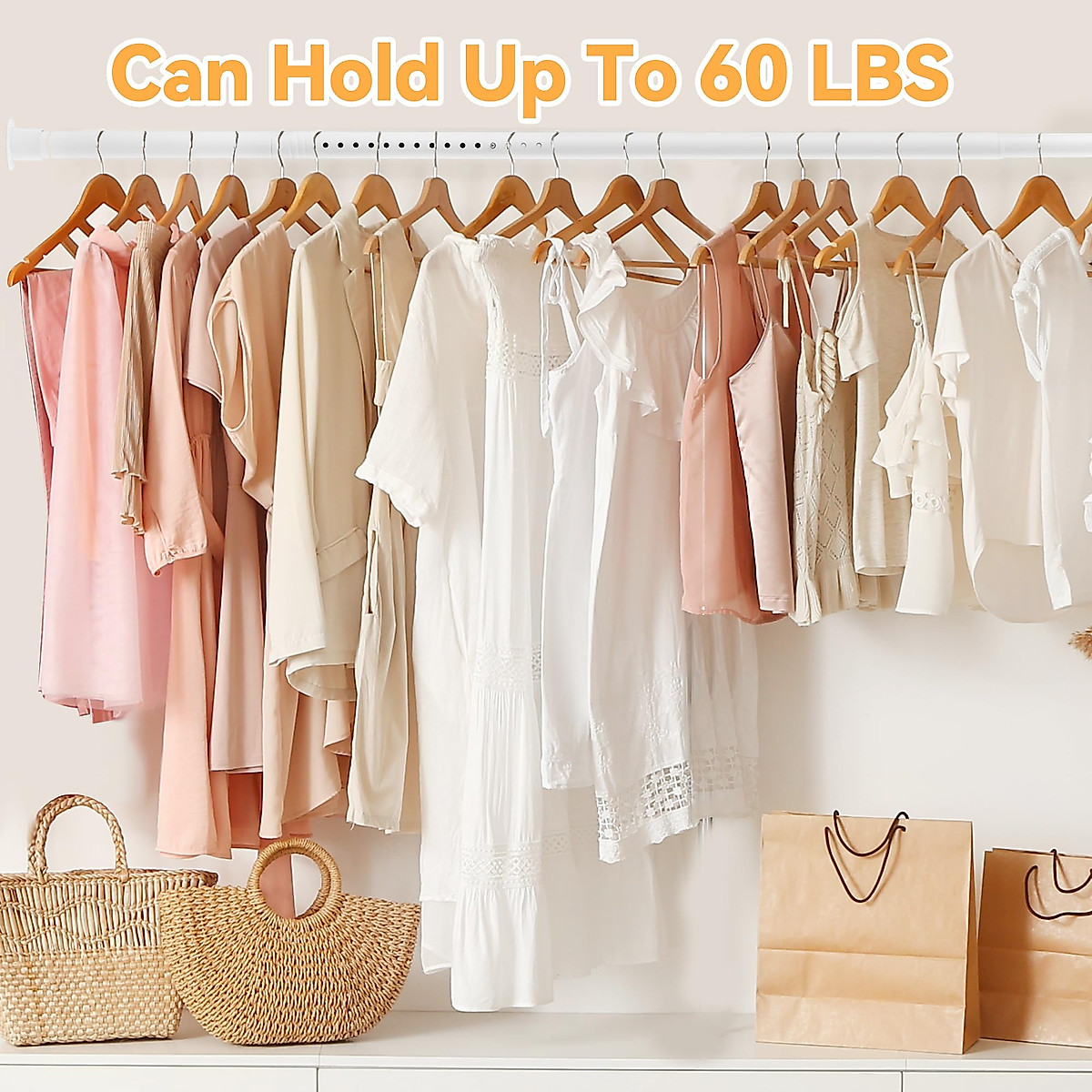 Closet Rods for Hanging Clothes, 1.3 Inch Diameter Heavy Duty Closet Rod 17-87 Inches Adjustable Clothes Hanging Rod White Closet Poles for Wardrobes, Bathroom, Windows