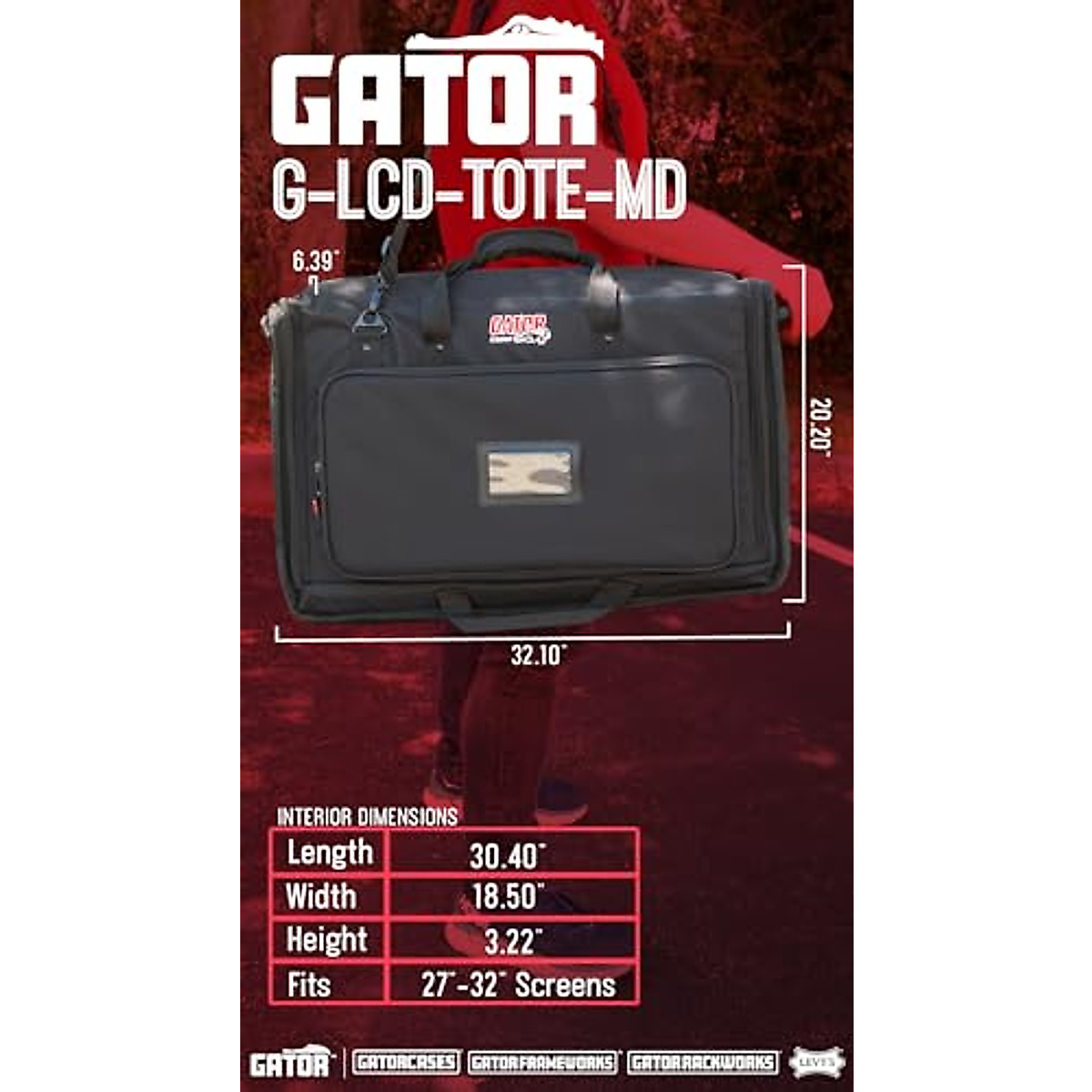 Gator Cases Padded Nylon Carry Tote Bag for Transporting LCD Screens, Monitors and TVs Between 27" - 32" (G-LCD-TOTE-MD), Black