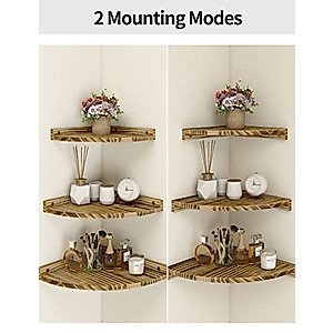 Godimerhea Floating Corner Shelves for Wall, Rustic Solid Wood Wall Mounted Set of 3, Display Hanging Decor Kitchen Storage Heavy Duty Corner Shelf for Living Room Bedroom Bathroom, Brown