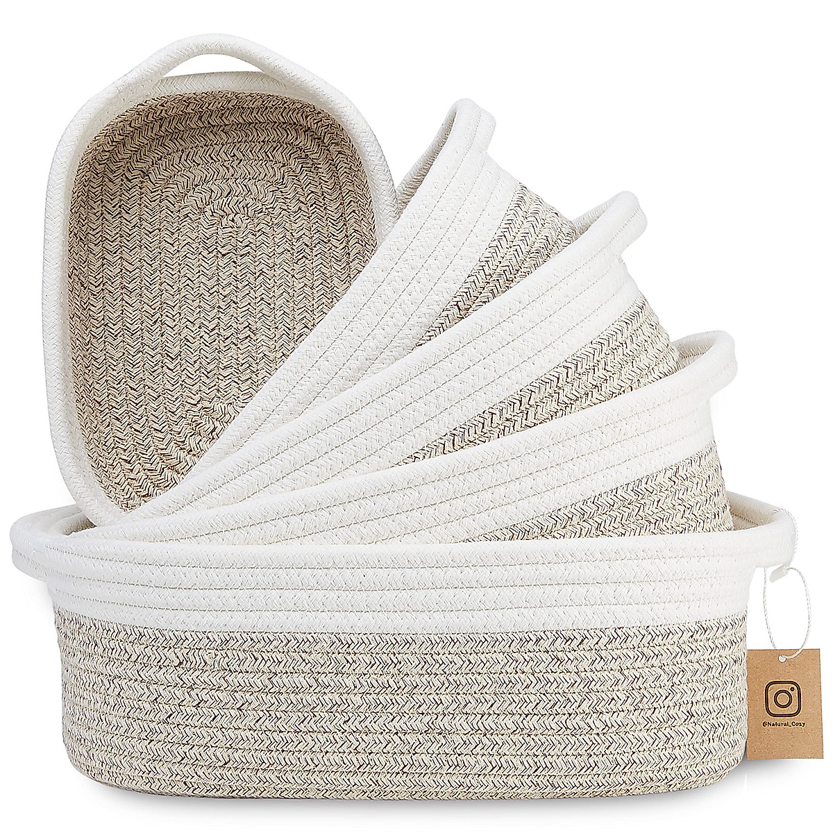 NaturalCozy 5-Piece Rectangle Storage Basket Set- Natural Cotton Rope Woven Baskets for Organizing! Small Basket for Montessori, Baby Nursery, Dog Toy Baskets, Cat Toy Box, Bathroom Organization Bin