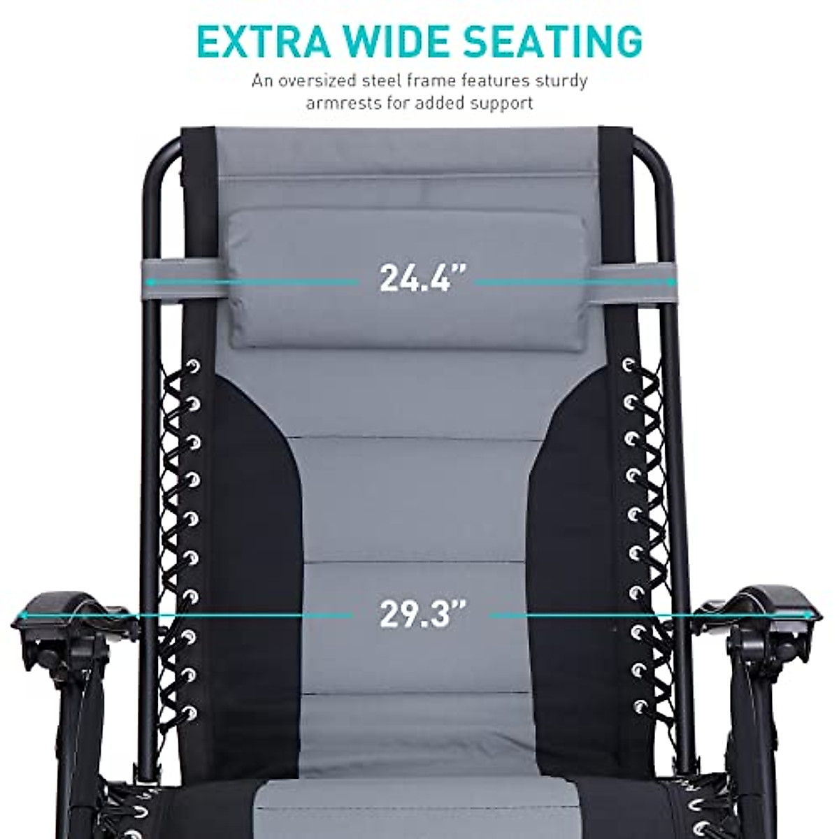 F2C Padded Zero Gravity Chair, Adjustable Foldable Patio Reclining Lounge Chair with Headrest Pillow Side Cup Holder Tray for Outdoor, Deck, Patio, Beach Yard Poolside, Black Gray…