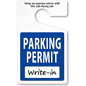 SmartSign (Pack of 10) Write-in Parking Permit | 5 x 3 inch 20 mil Plastic, Standard Rearview Mirror Hang Tags, Blue, Black and White