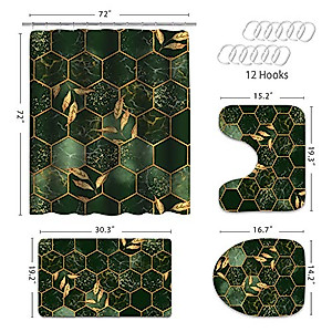 MitoVilla 4 Pcs Emerald Green Bathroom Sets with Shower Curtain and Rugs and Accessories, Modern Green Marble Bathroom Shower Curtain Sets with Rugs, Geometric Hunter Green Bathroom Decor Sets
