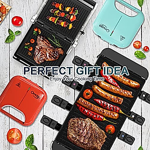 OMAIGA Panini Press, Sandwich Maker, 1500W 6-Serving Indoor Grill, Stainless Steel Top Surface, Detachable Non-stick Die-cast Aluminium Plates, Upright Storage, Opens 180 degrees