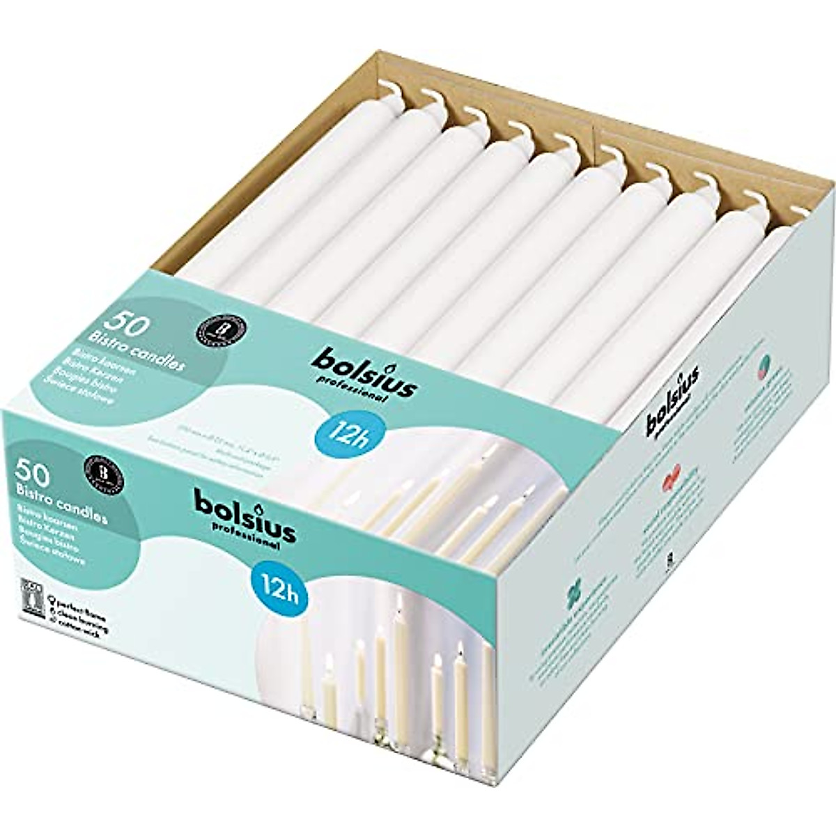 BOLSIUS White Candlesticks Bulk Pack 50 Count - Unscented Dripless 11.5 Inch Household & Dinner Candle Set - 12+ Burn Hours - Premium European Quality - Consistent Smokeless Flame - 100% Cotton Wick